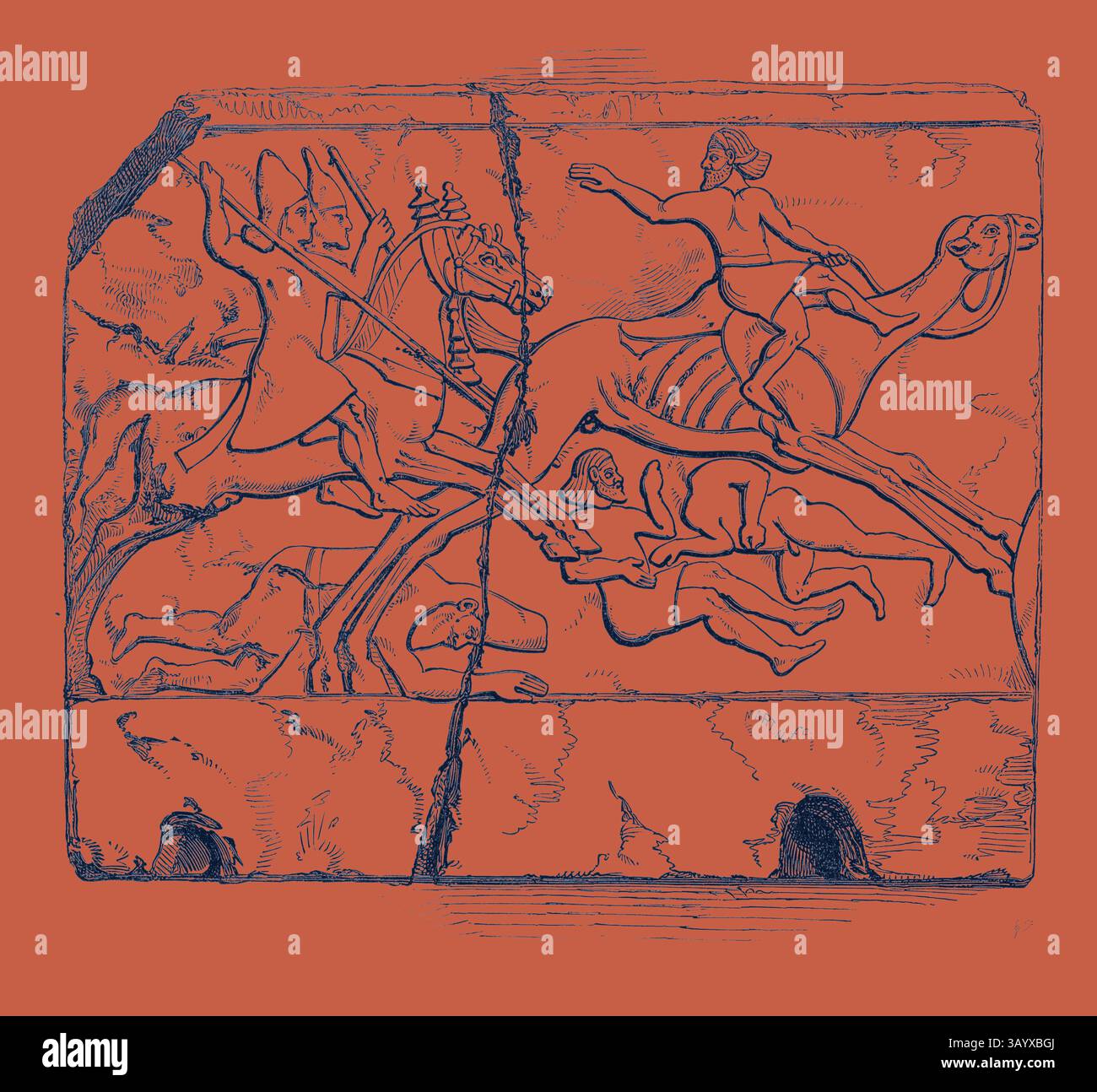 An ancient scene depicting a mounted warrior in pursuit, accompanied by ...