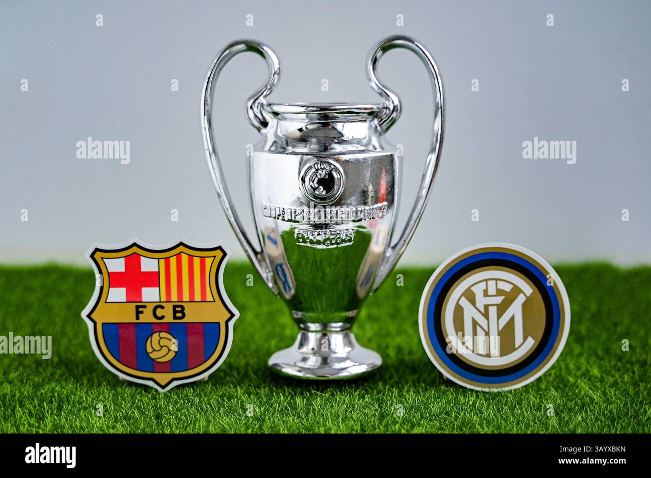 April 18, 2025, Munich, Germany. Emblems of the clubs participating in ...