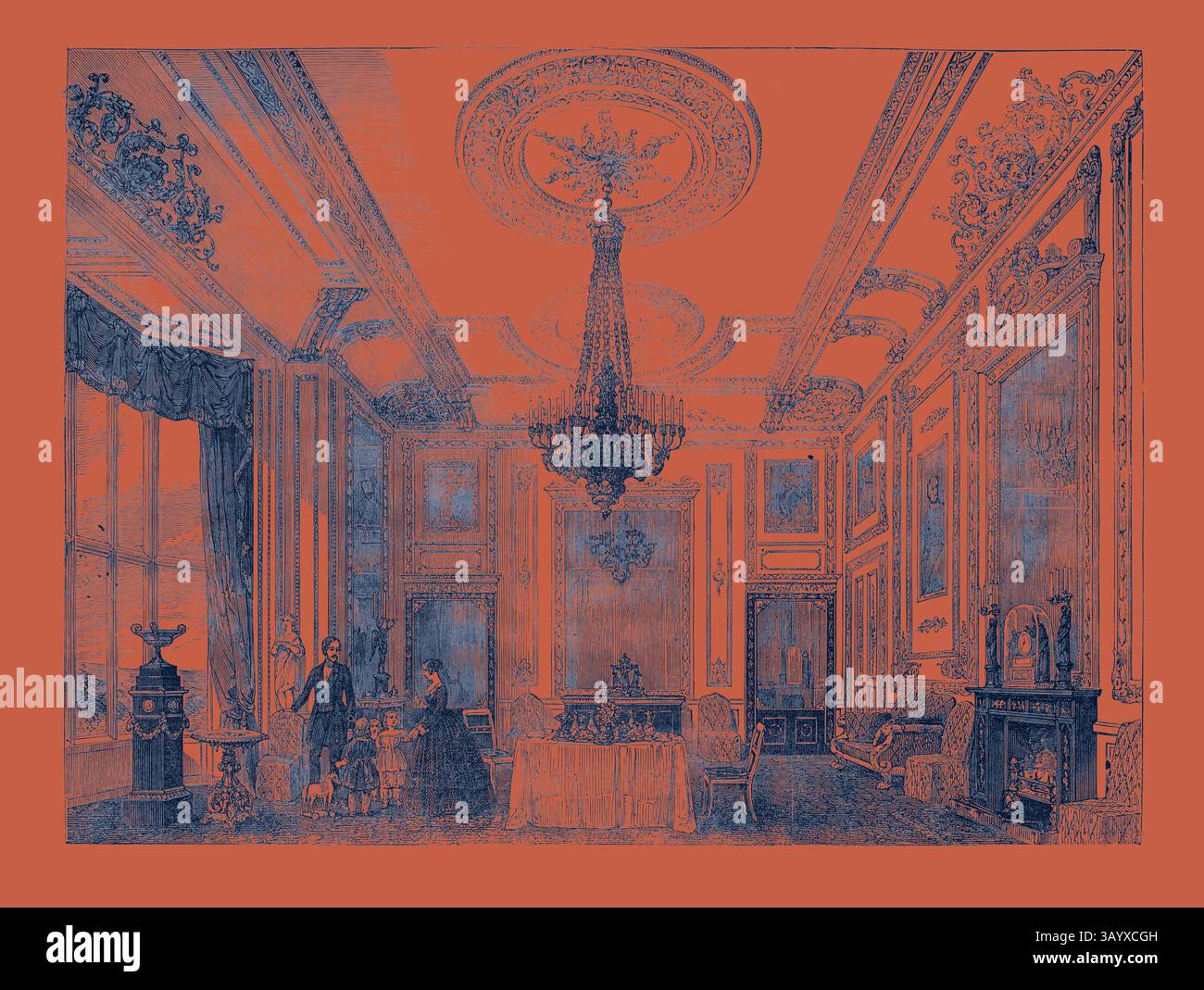 An opulent interior featuring ornate furnishings, a grand chandelier ...