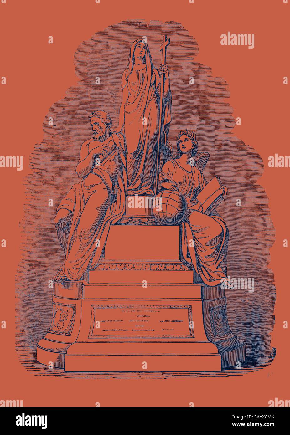 A classical monument features three figures: a draped man holding a ...