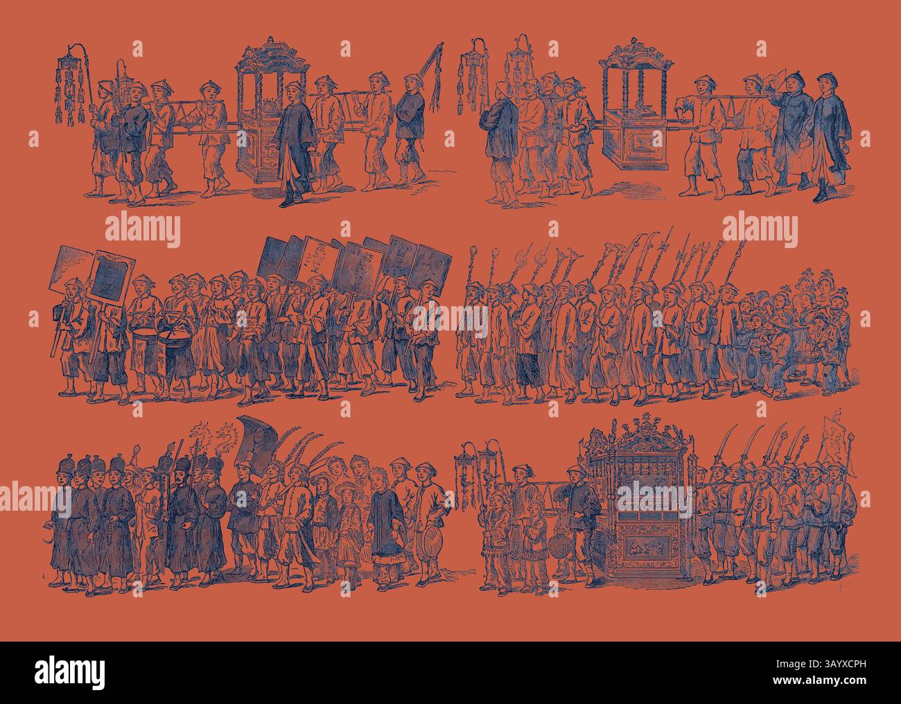 A detailed illustration depicting a traditional procession featuring ...