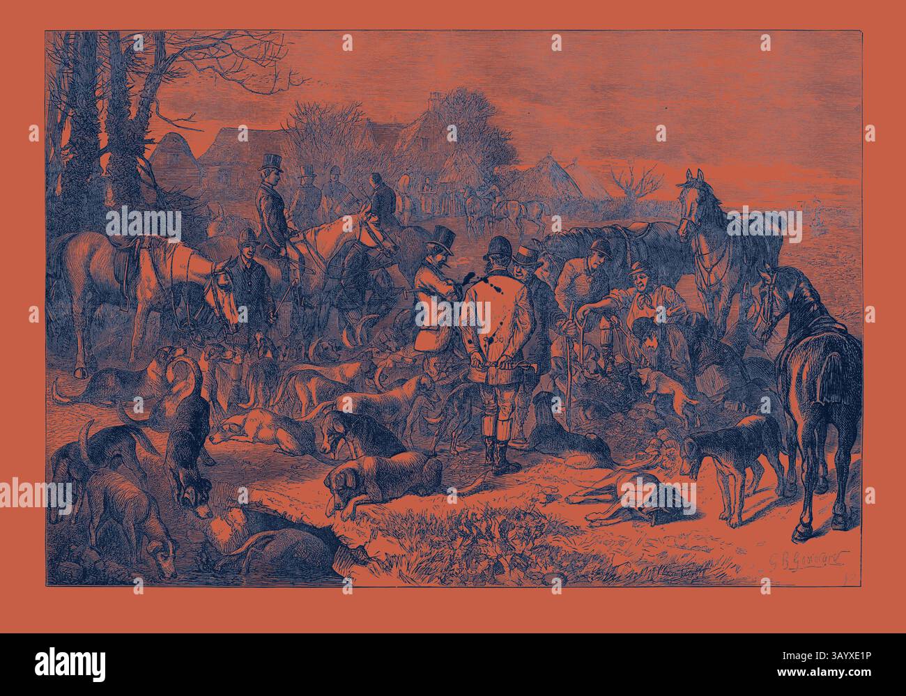 A bustling scene depicting a group of hunters on horseback alongside ...