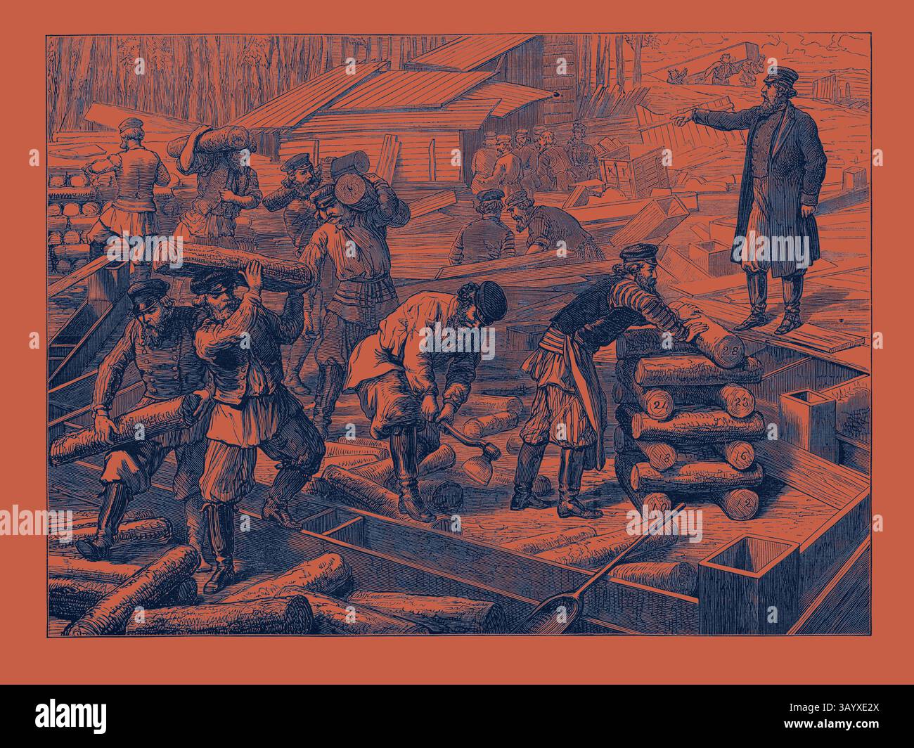 A group of workers are engaged in logging activities, transporting ...