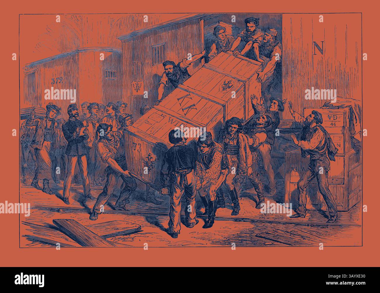A bustling scene depicts a group of men energetically unloading large ...