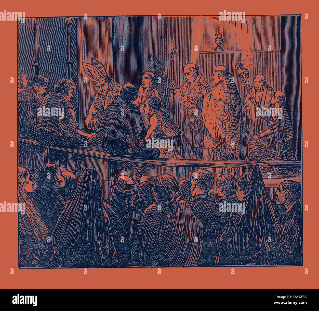 A scene depicting a group of individuals gathered around a solemn ...