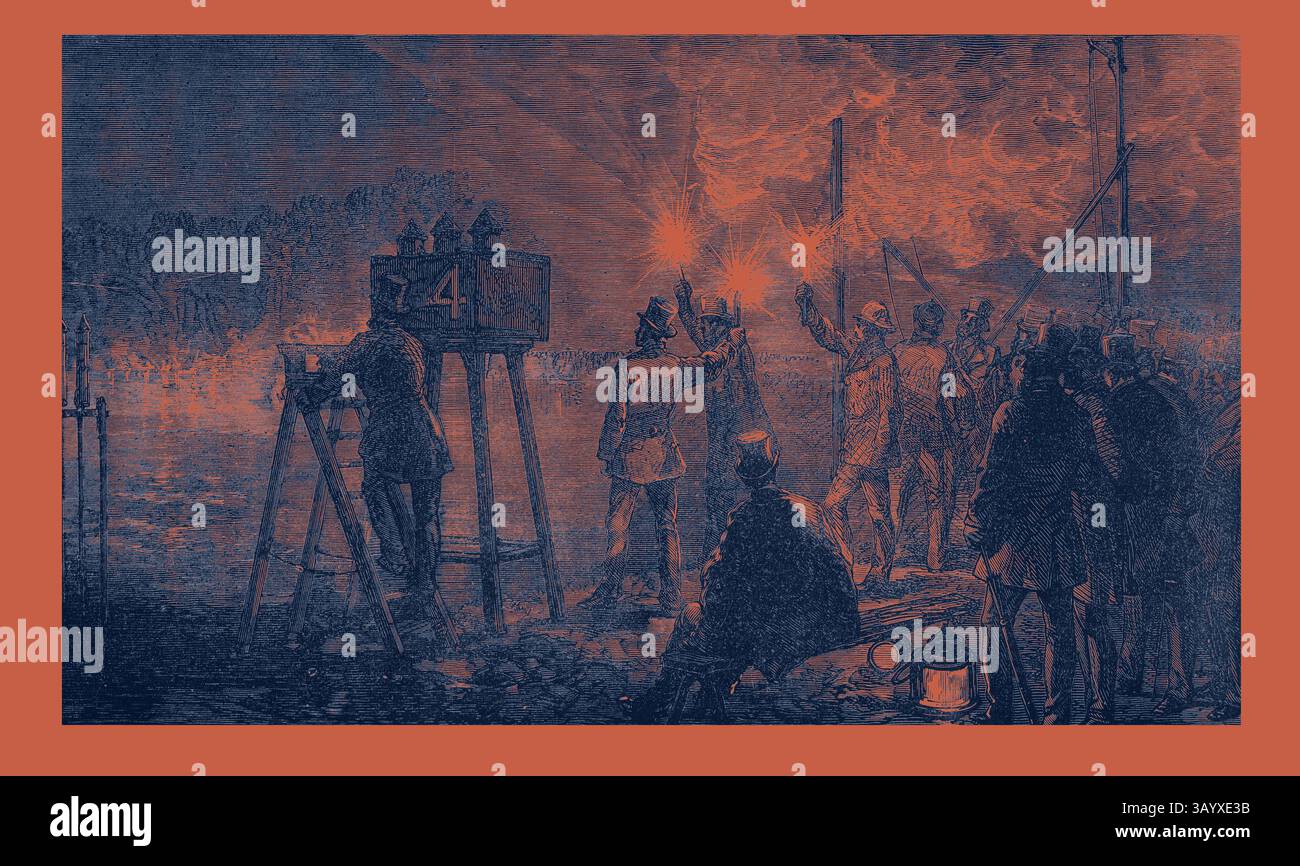 A group of people gathered in a dynamic scene, celebrating with flares ...