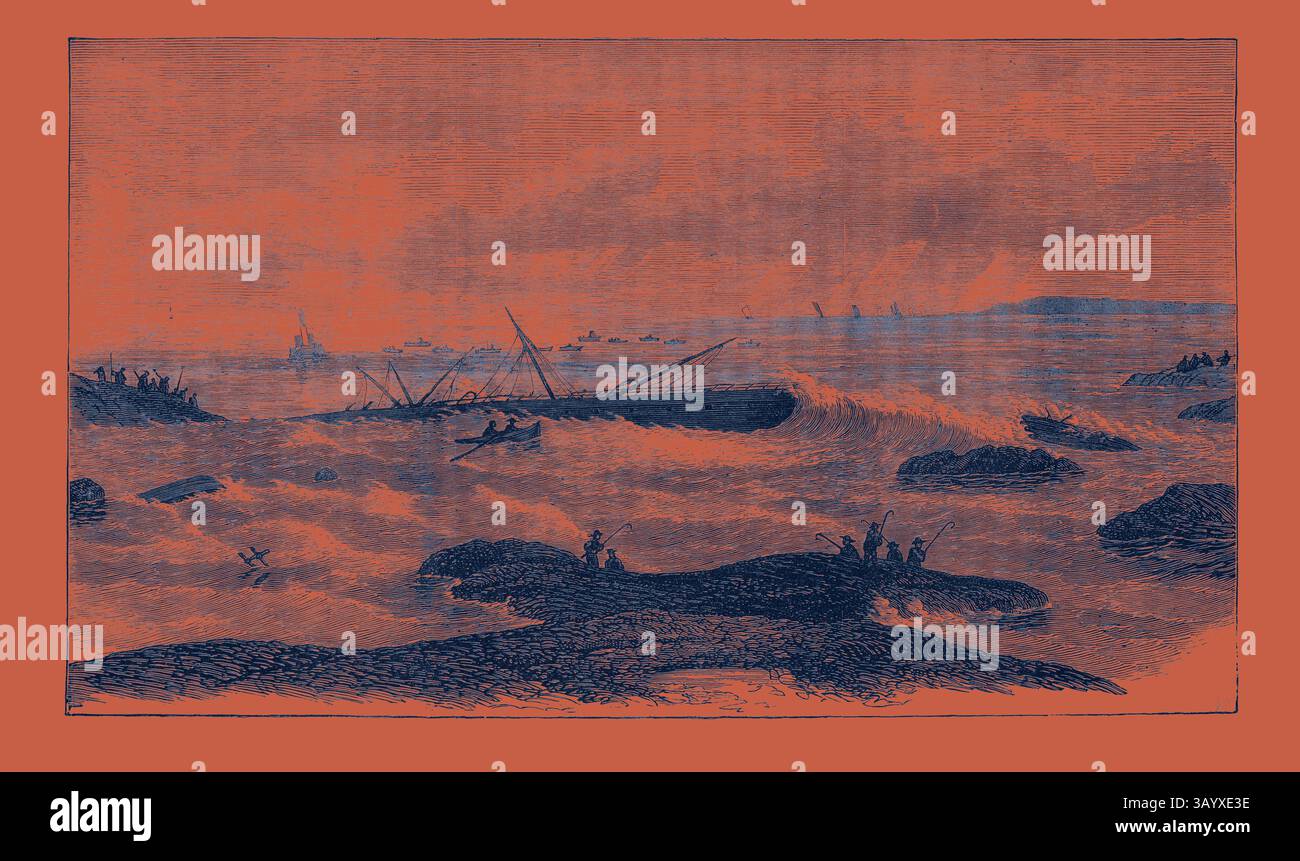 A turbulent seascape depicts a shipwreck, with waves crashing against ...