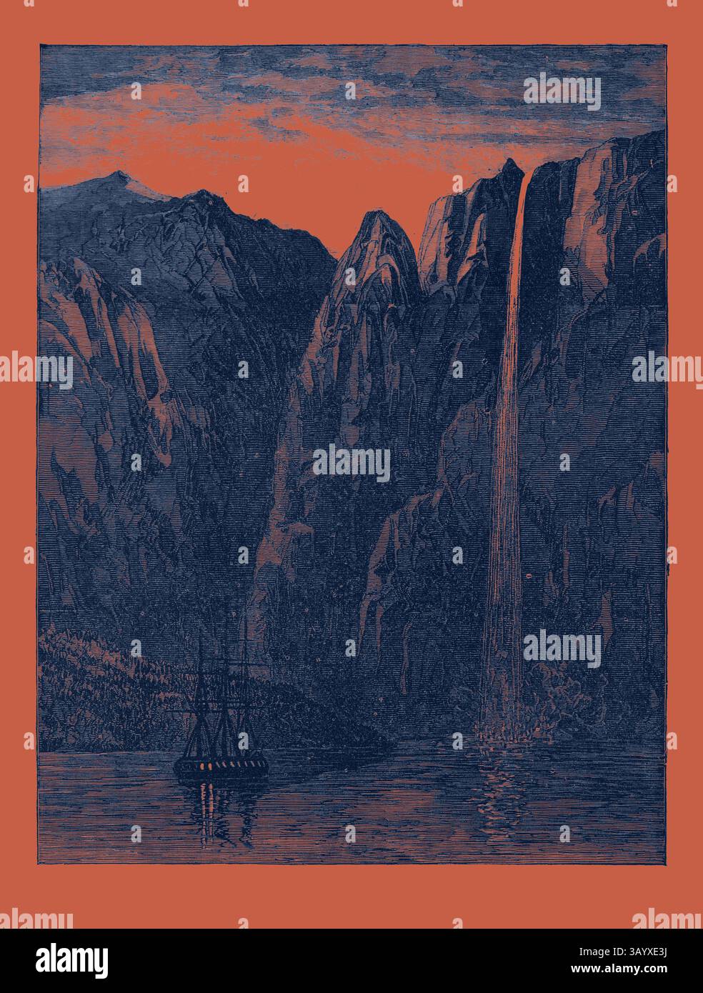 A majestic waterfall cascades down rugged mountains, while a sailing ...