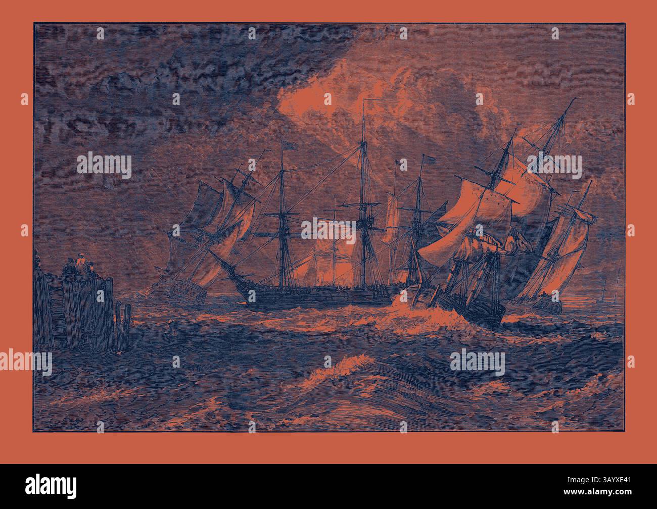 A dramatic seascape depicting ships battling tumultuous waves, with ...