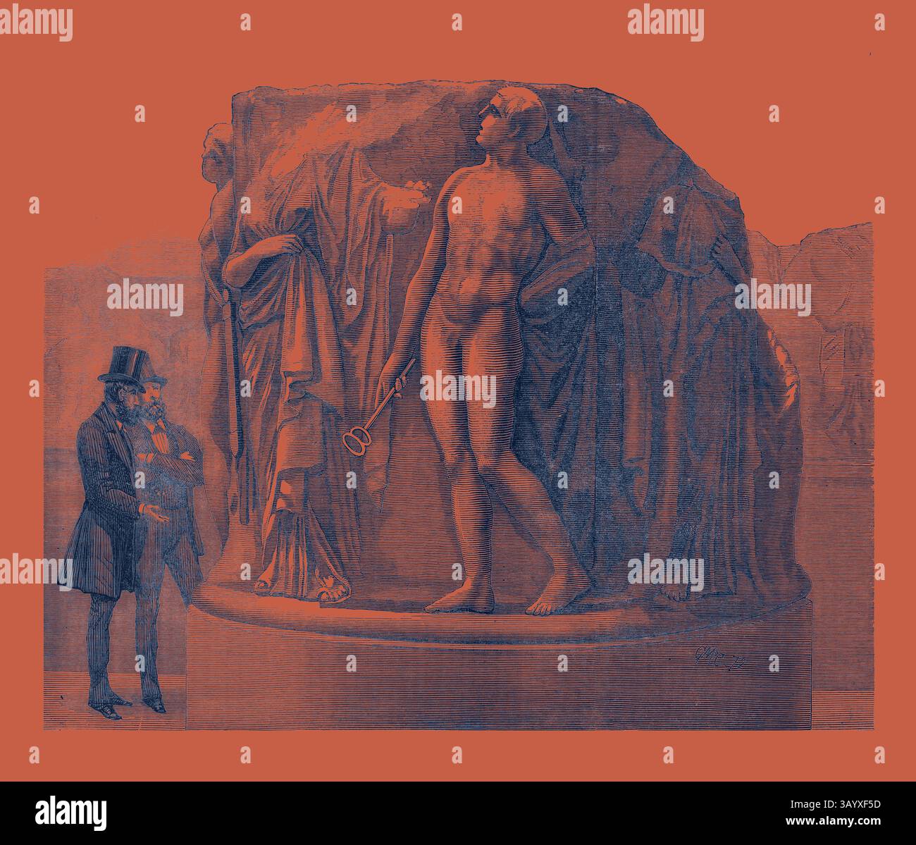 A classical statue depicting a figure holding a key stands prominently ...