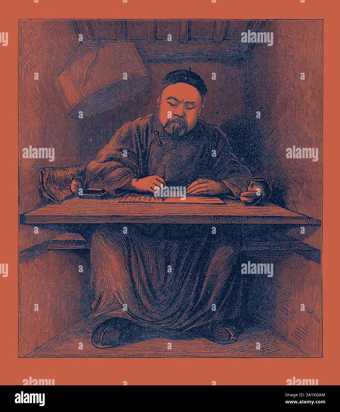 A seated scholar, dressed in traditional attire, focuses intently as he ...