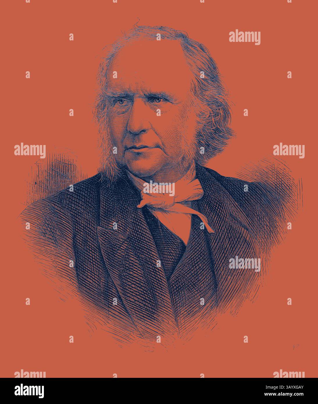 A portrait of a distinguished man with shoulder-length hair and ...