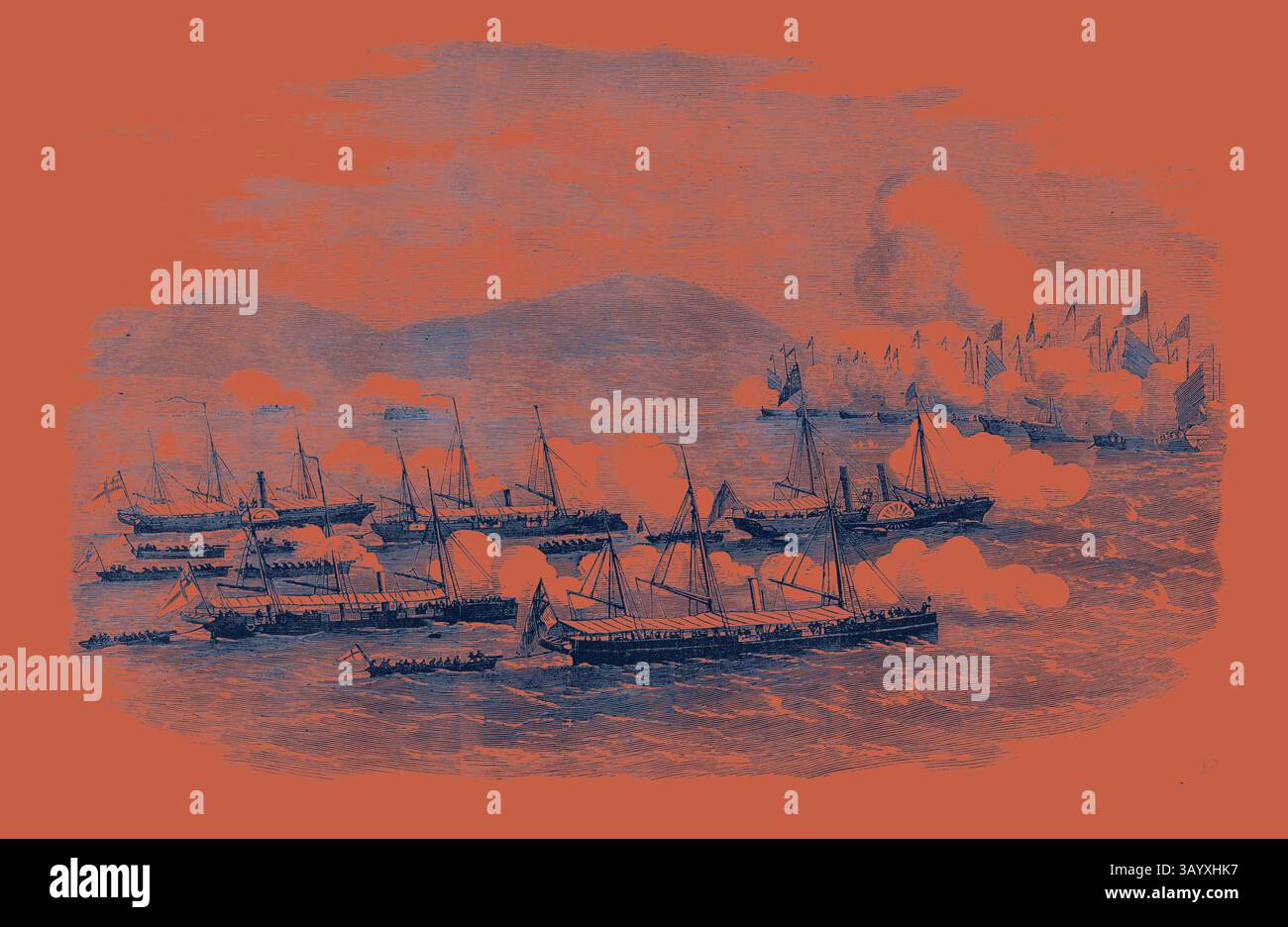 A naval battle scene with numerous ships engaged in combat amidst ...