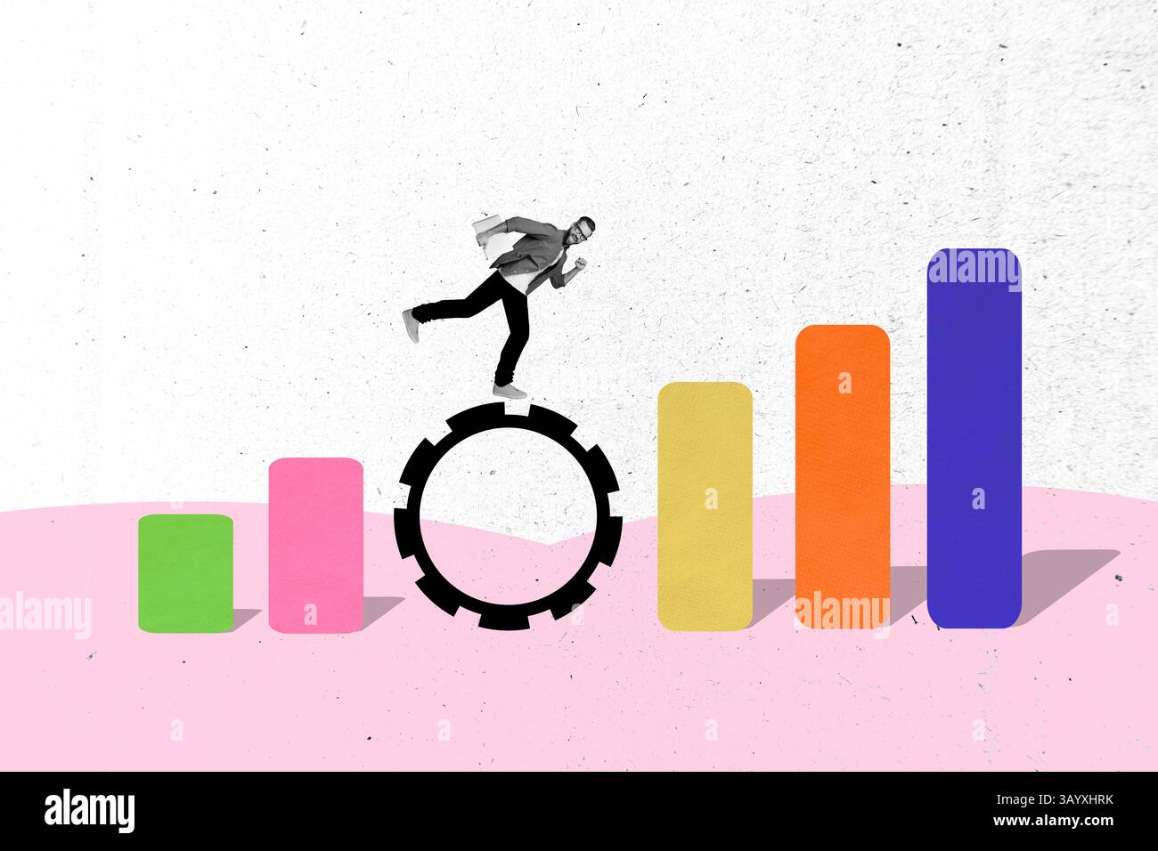 Dynamic collage artwork featuring a businessman jumping across colorful ...