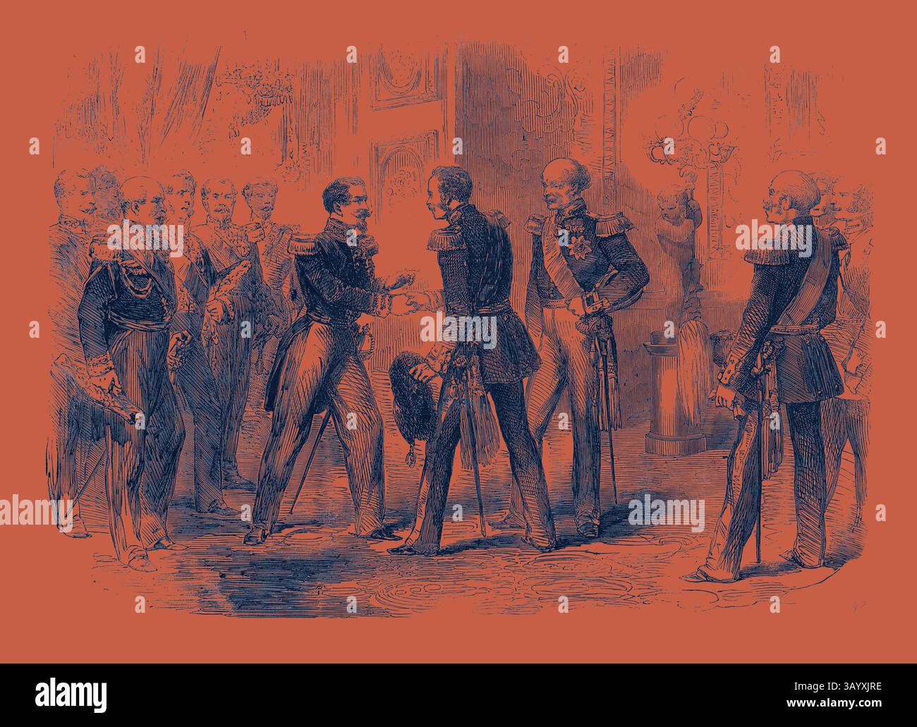 A group of historical military figures engages in a formal meeting ...