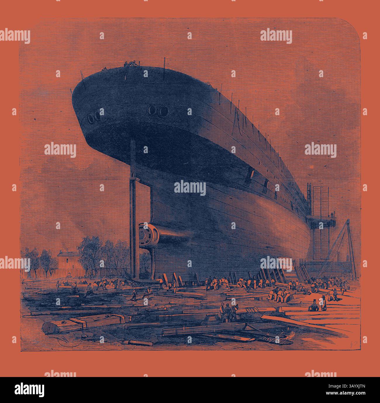 A massive ship is under construction, towering over workers who are ...