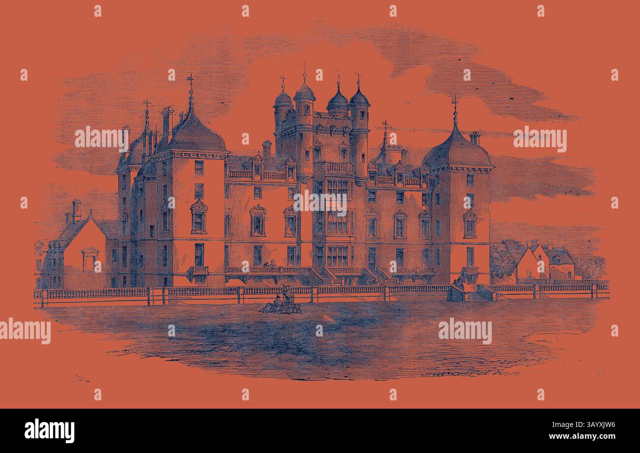 A grand castle with ornate turrets and a sprawling facade stands ...