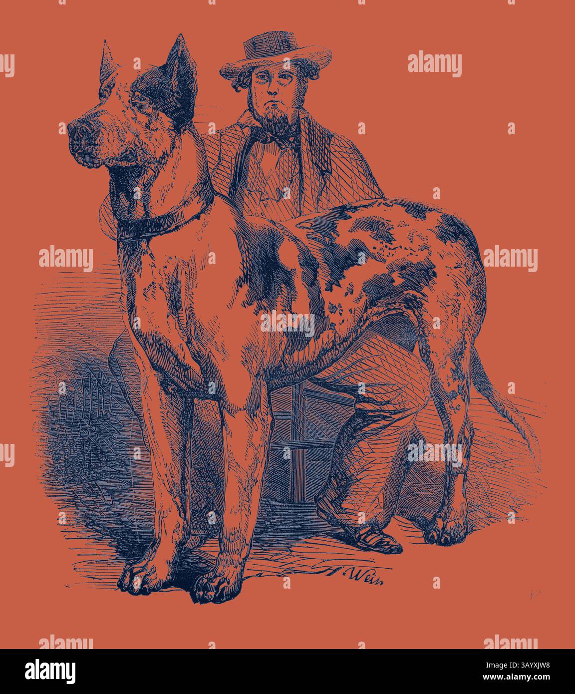 A man in formal attire sits with a large, spotted dog beside him ...