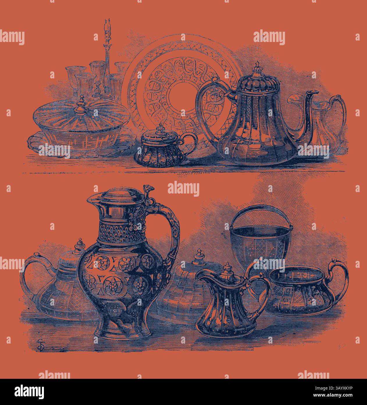 A collection of elegantly designed metalware, including teapots, a ...