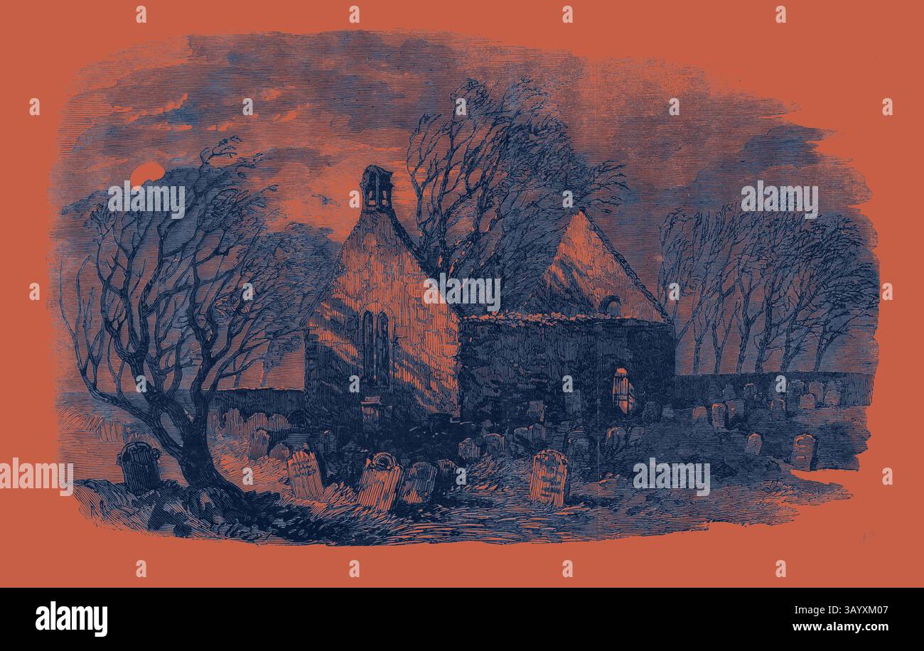 A moody landscape features a weathered stone building amid twisted ...