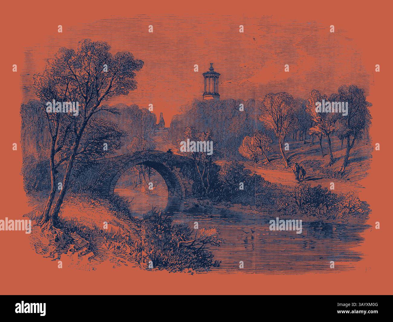 A tranquil scene featuring a quaint bridge arching over a serene body ...