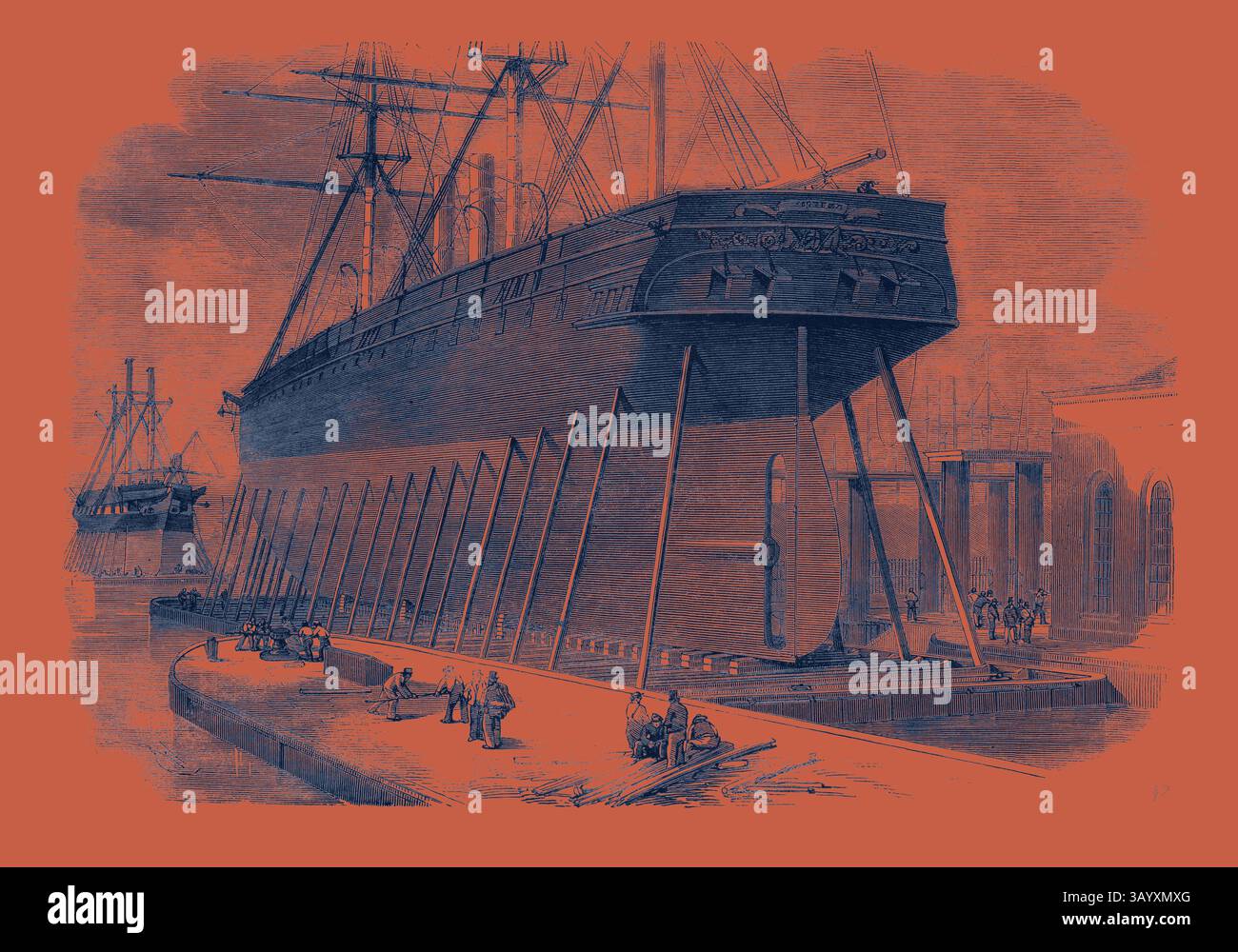 A large ship is shown undergoing repairs at a dry dock, surrounded by ...