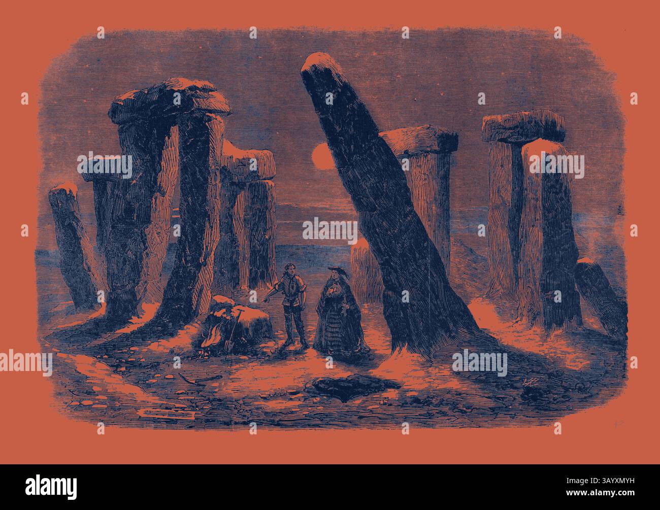 An etched scene depicting ancient stone structures, surrounded by a ...