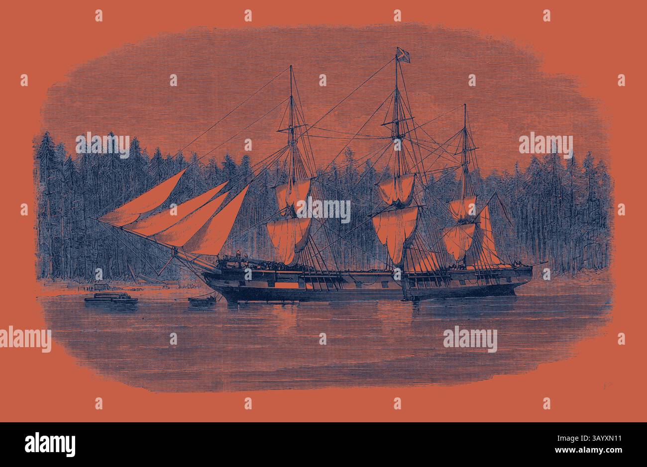 A majestic three-masted sailing ship with billowing sails glides ...