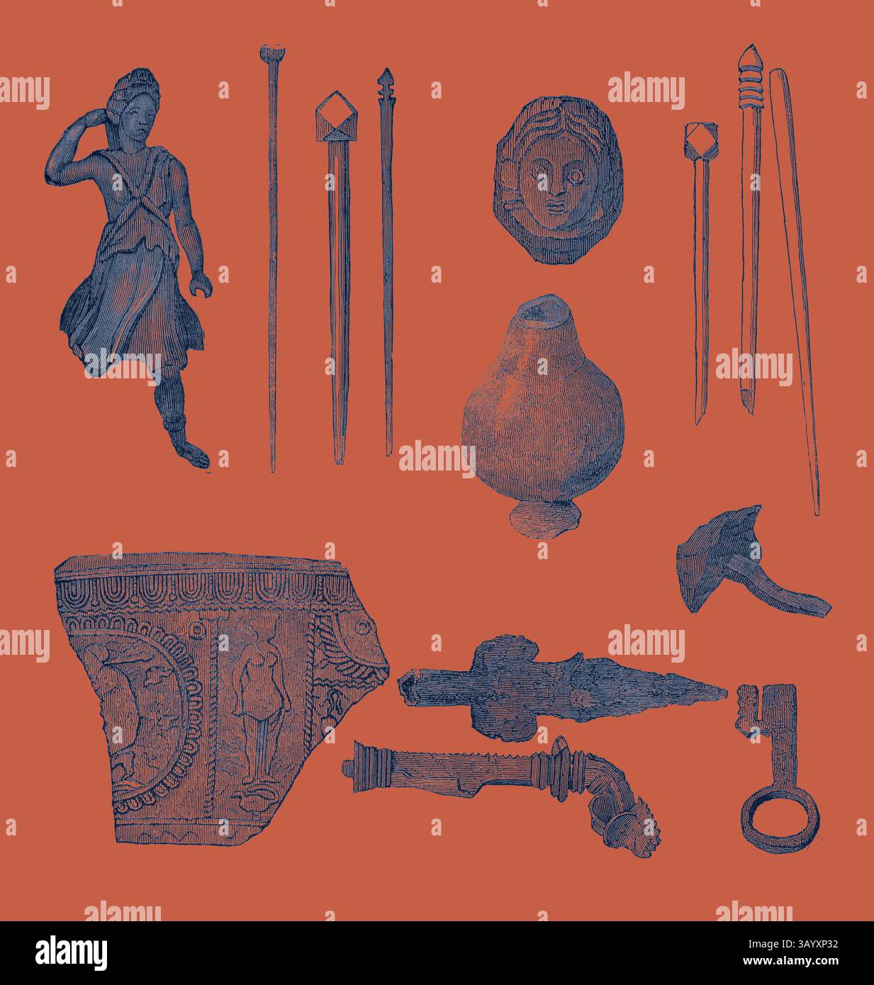 A collection of ancient artifacts, including a figure in traditional ...