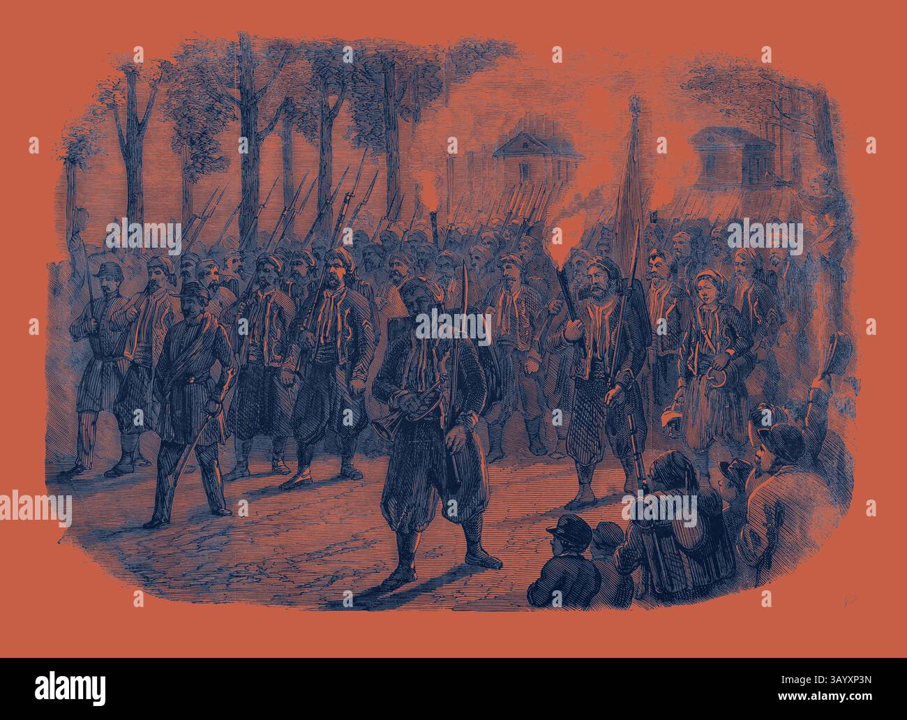 Large group of armed soldiers in traditional attire marches hi-res ...