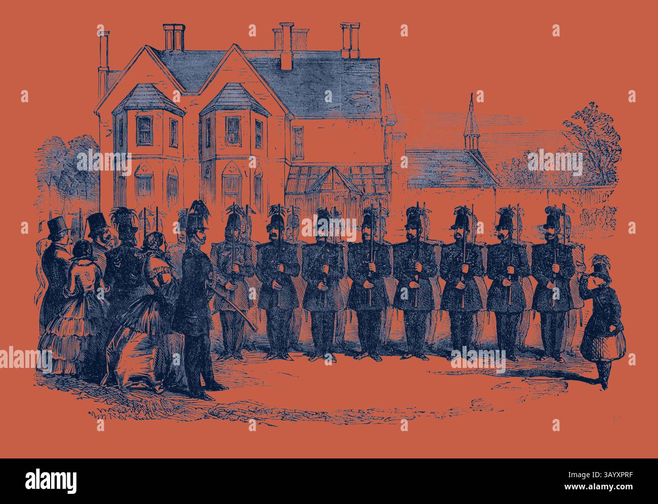 A group of uniformed soldiers stands in formation in front of a large ...