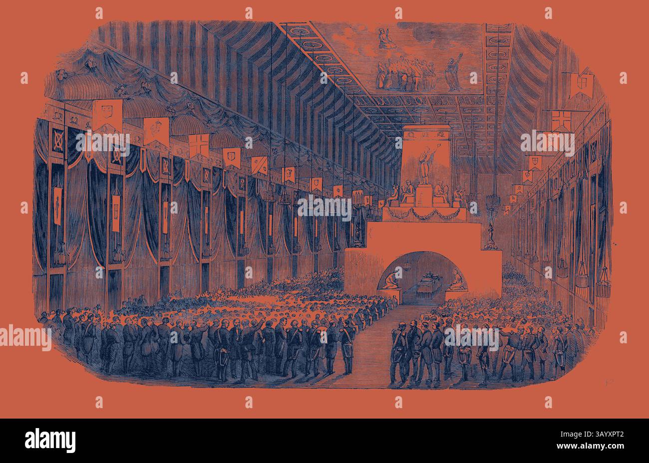 A grand assembly hall filled with rows of people, featuring banners and ...