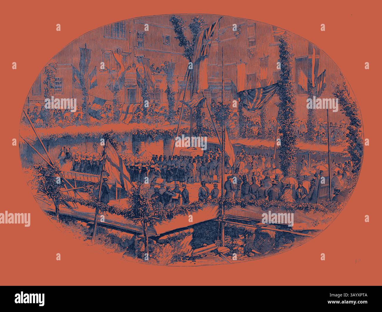 A historic gathering featuring a large crowd assembled around a podium ...