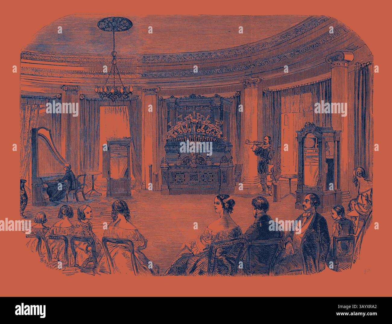 A grand interior setting features a musical performance, with elegantly ...
