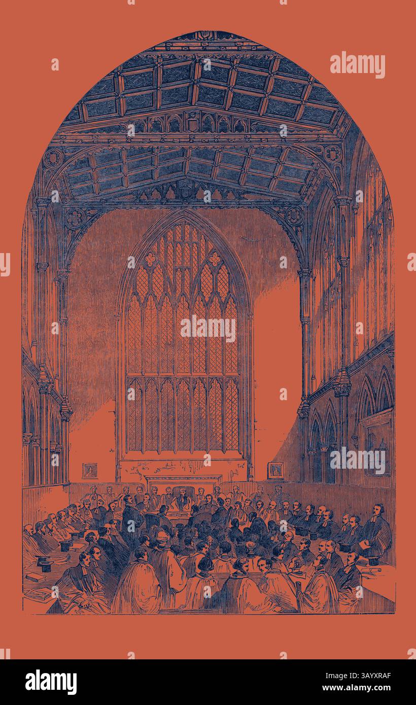 A grand hall filled with a diverse group of people seated around long ...