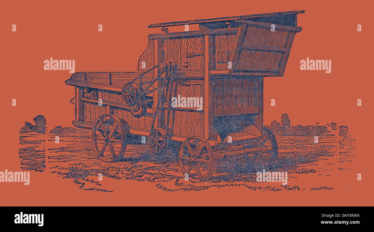 A vintage agricultural machine with wheels, featuring a wooden ...