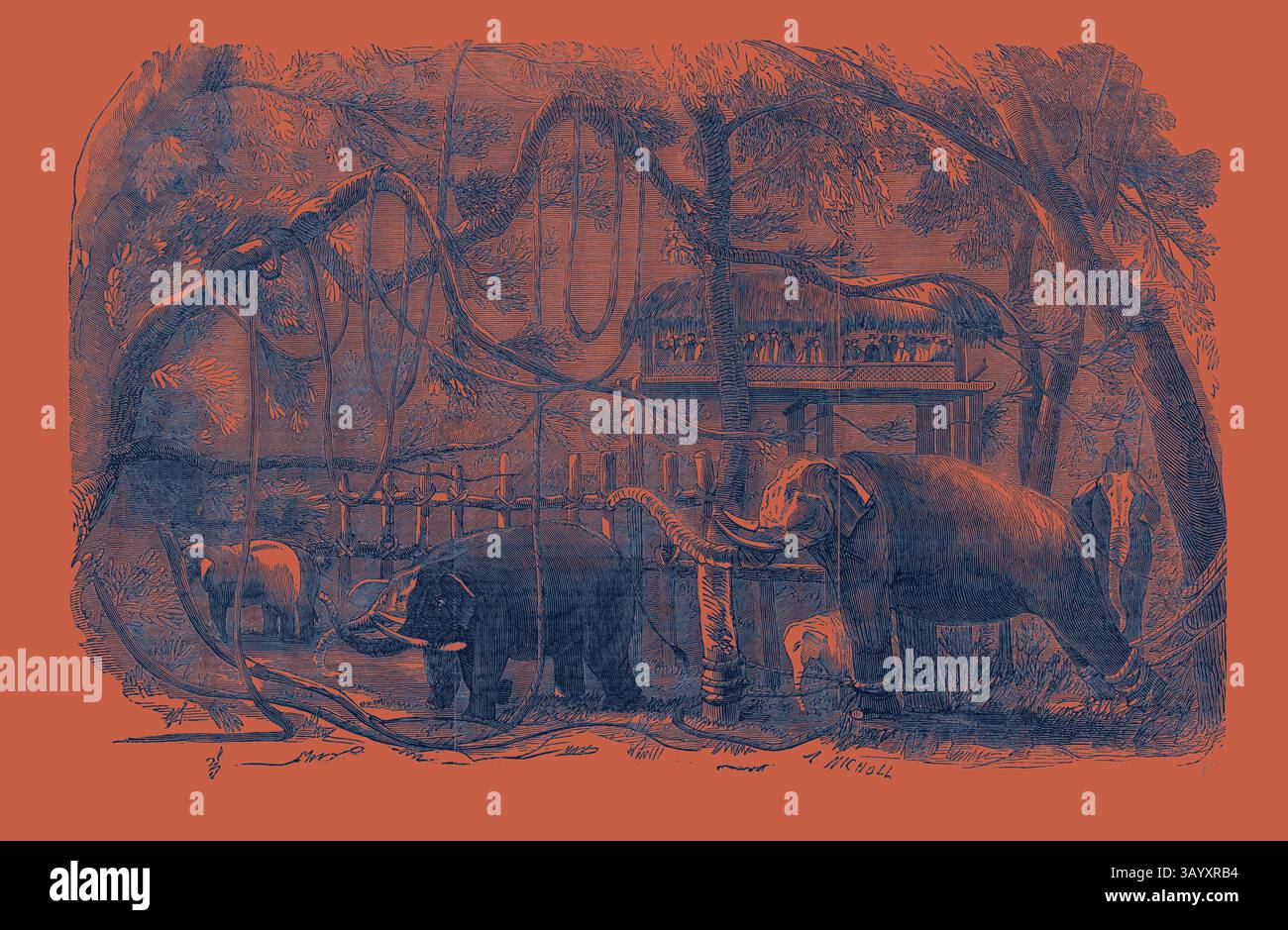 A serene scene depicting elephants in a lush, vibrant landscape ...