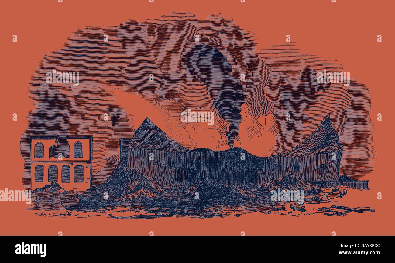 A dramatic scene depicts the remnants of a structure engulfed in smoke ...