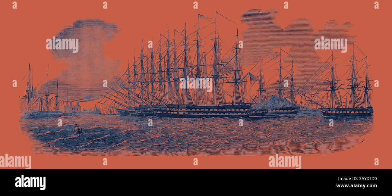 A fleet of majestic sailing ships with numerous masts navigates through ...