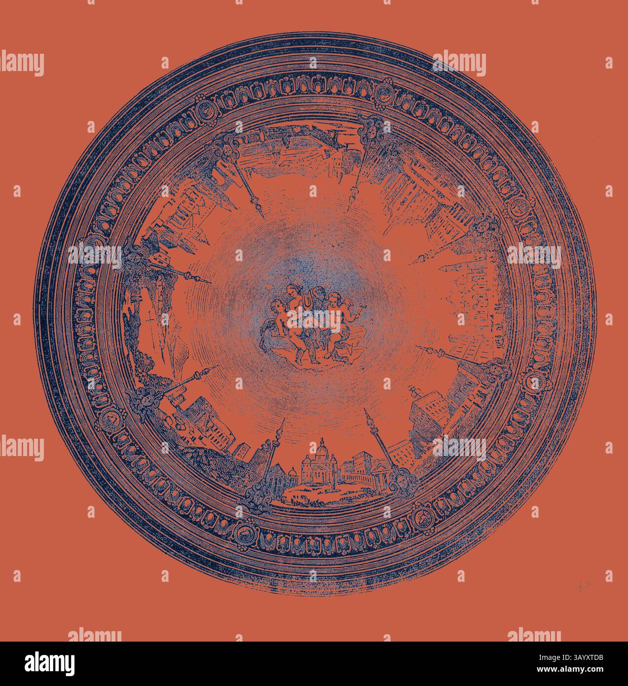 A circular design featuring intricate illustrations of historical ...