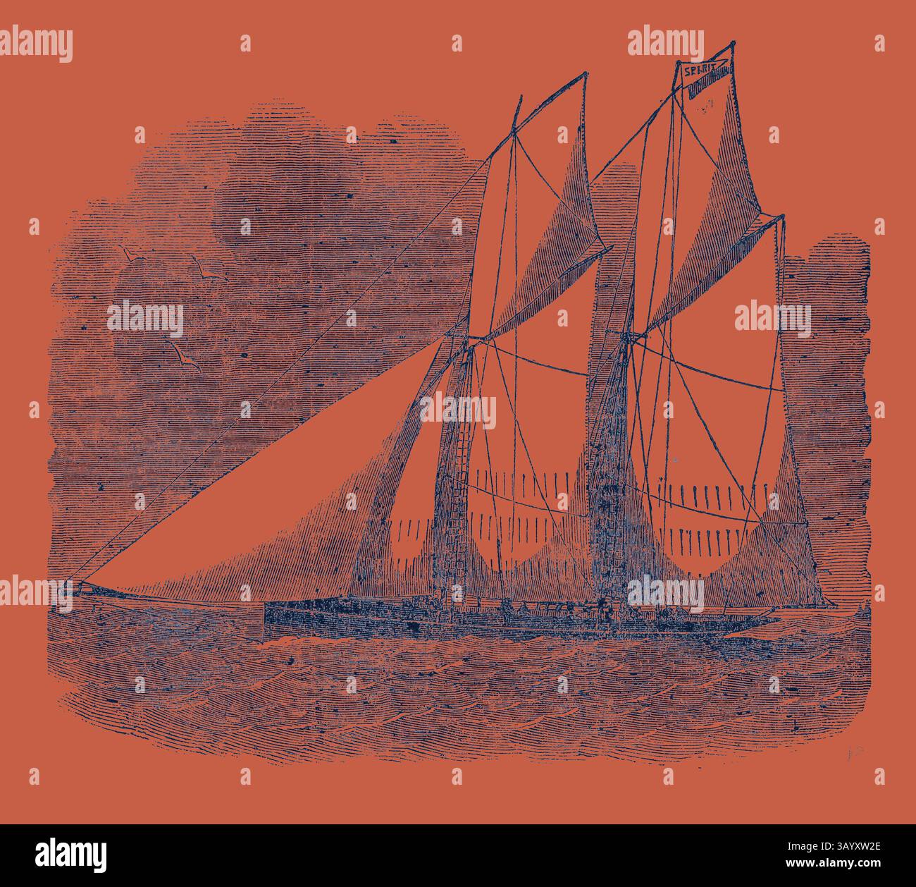 A vintage sailing ship with tall masts and billowing sails cuts through ...