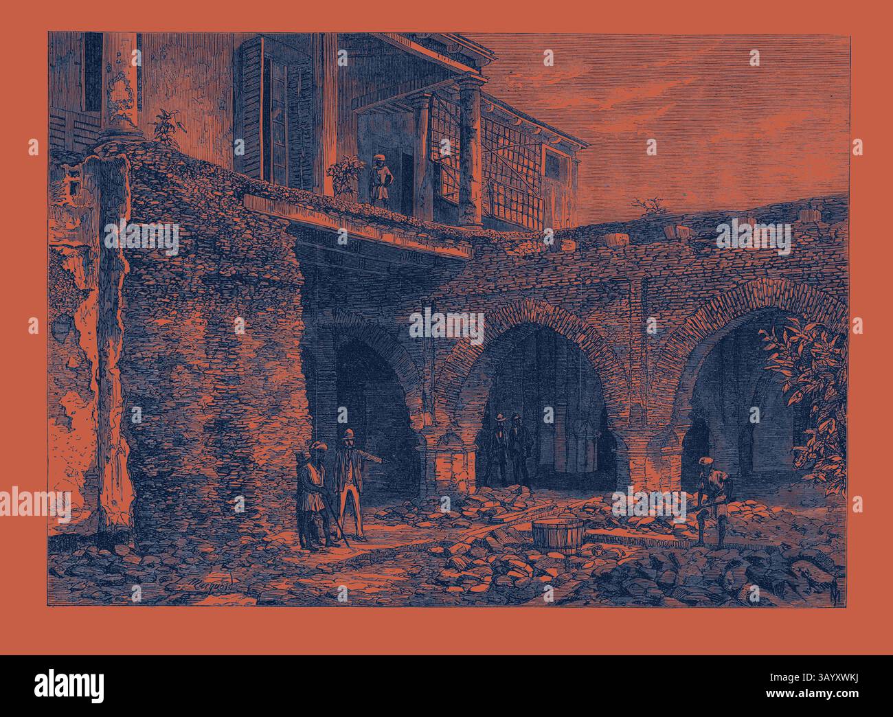 A historic scene captures individuals standing in an ancient courtyard ...