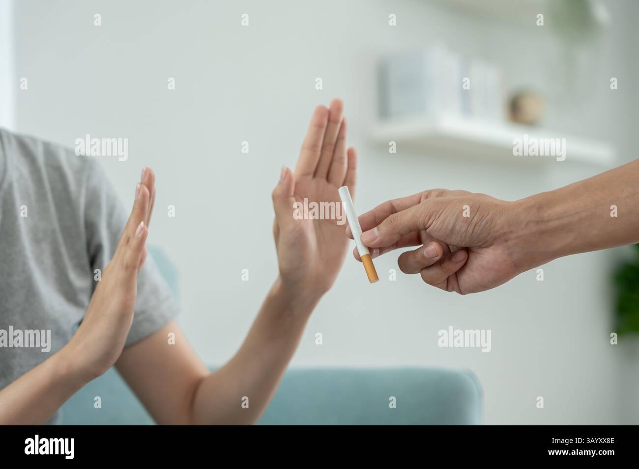 No smoking. Woman stop smoke, refuse, reject, break take cigarette, say ...