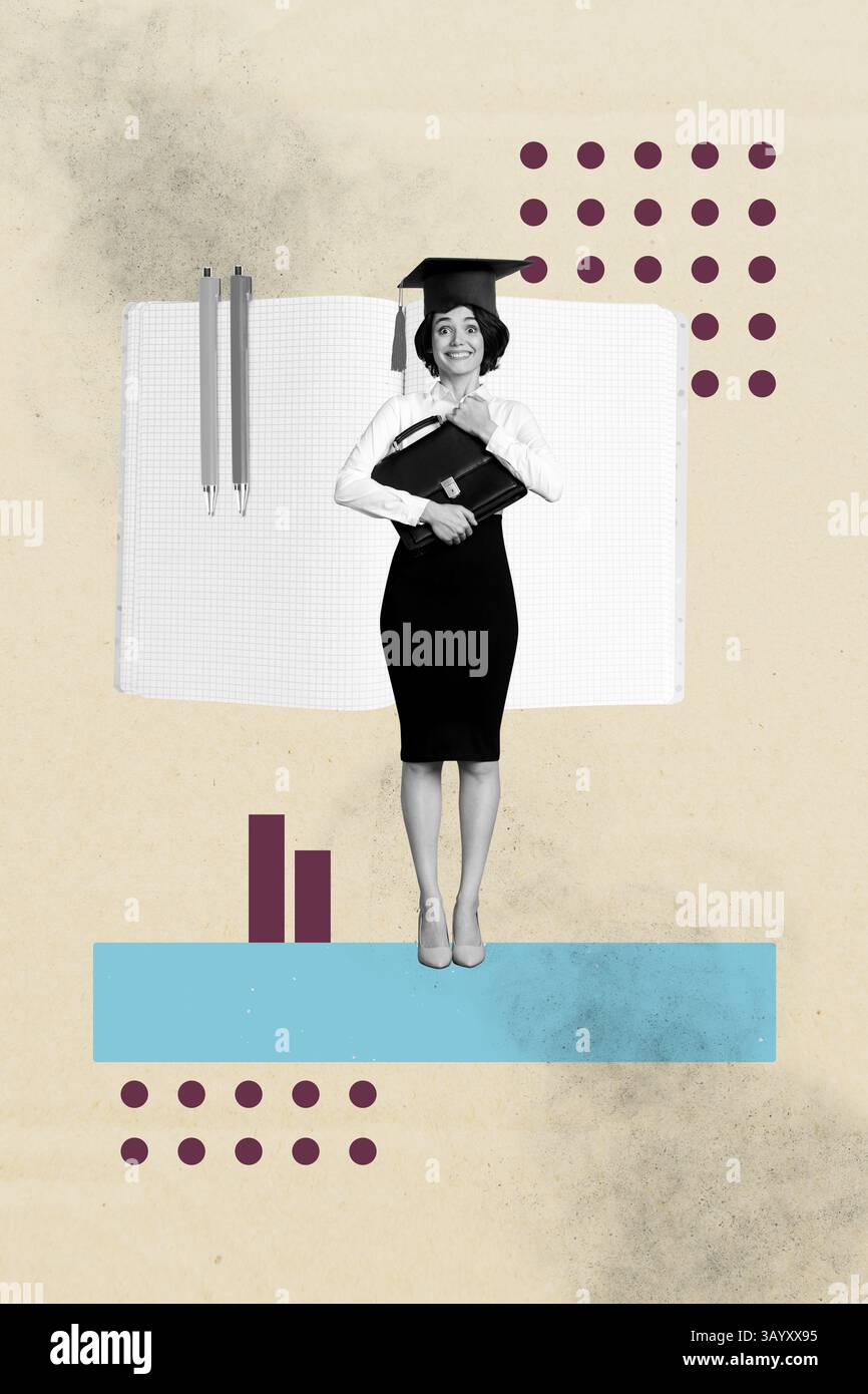 Retro visual collage of learner person stand copybook on pastel ...