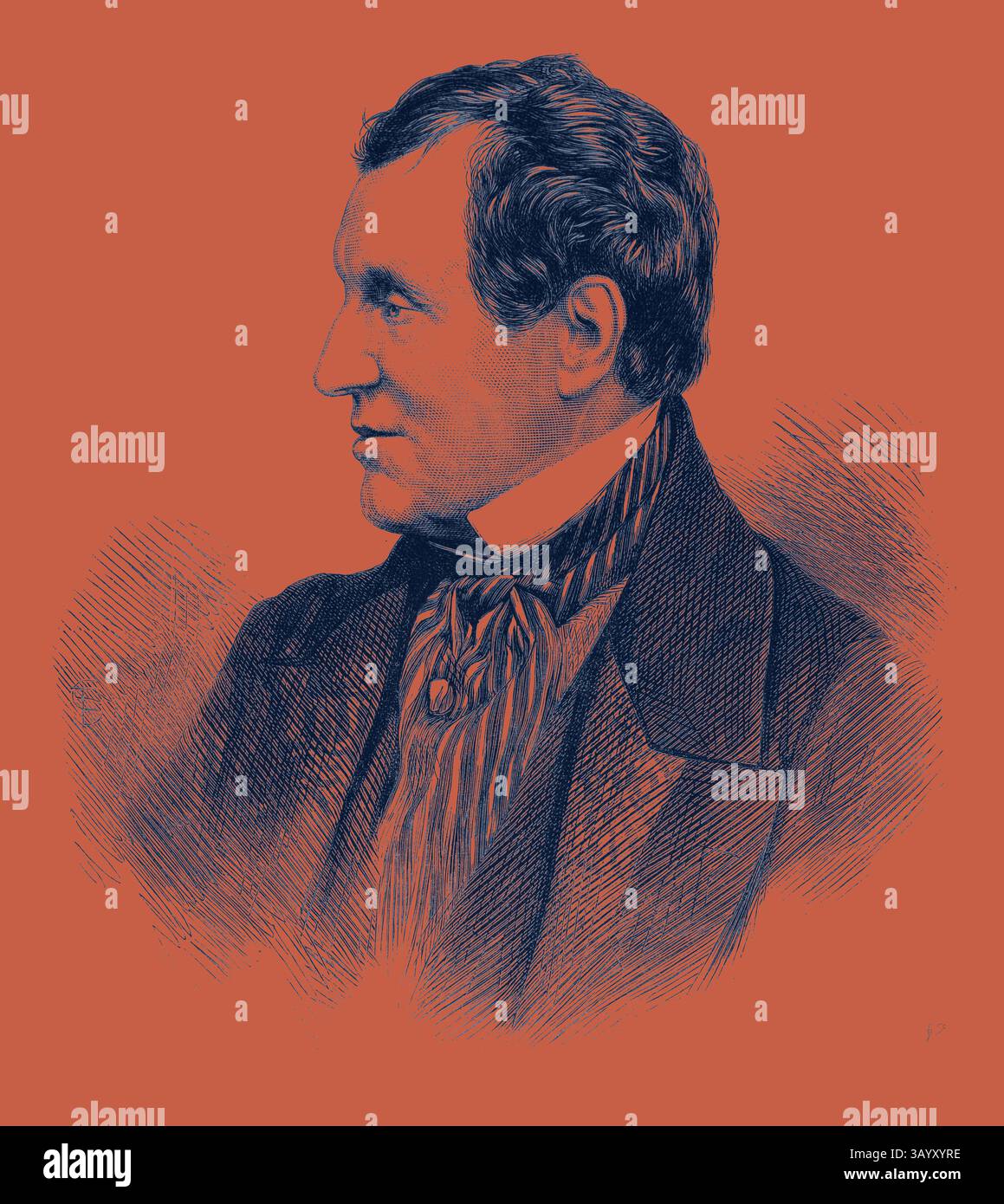 A profile view of a well-dressed man from the 19th century, featuring a ...