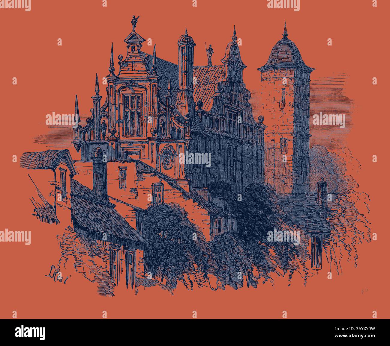 A detailed architectural illustration showcases an ornate building with ...