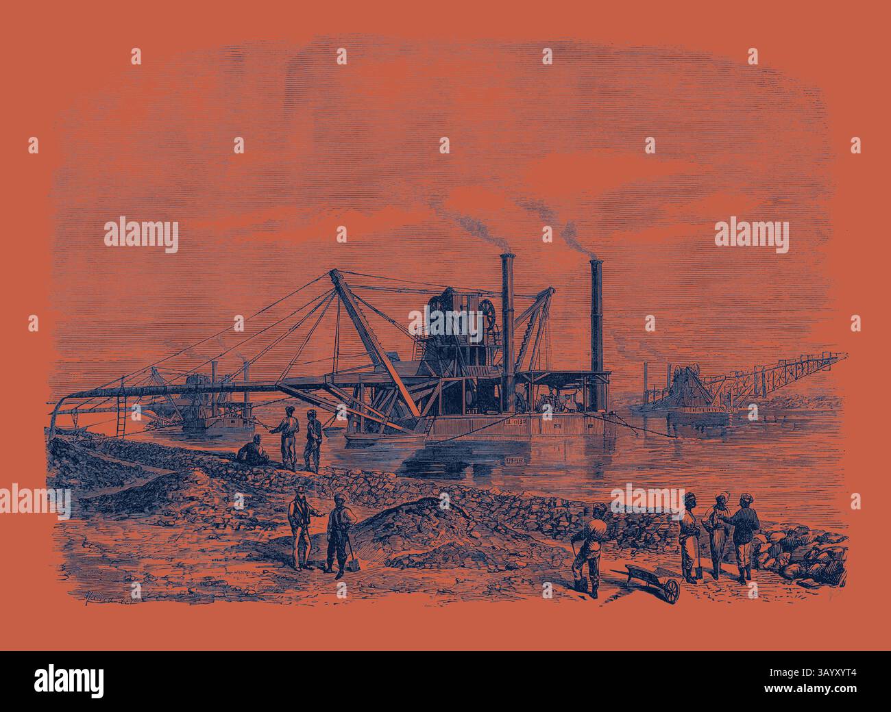 A bustling river scene featuring a large steamboat with smoke billowing ...