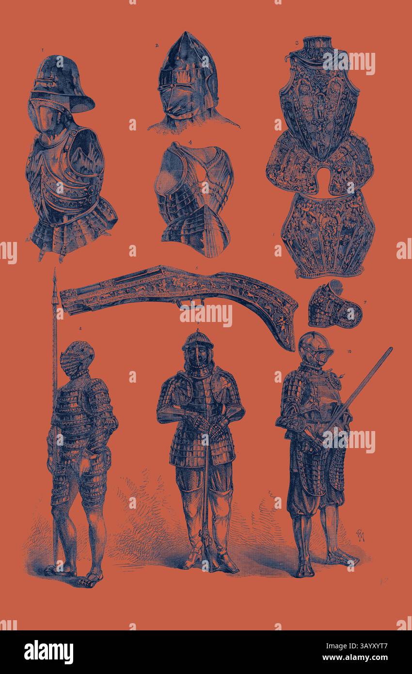 A collection of historical military armor and weapons, featuring ...