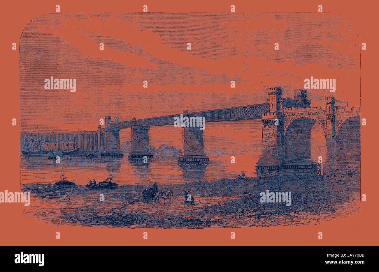 A historic scene showcasing a grand bridge spanning a body of water ...