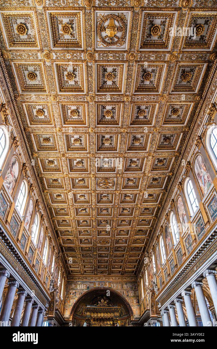 Ornate golden coffered ceiling of the Papal Basilica of Santa Maria ...